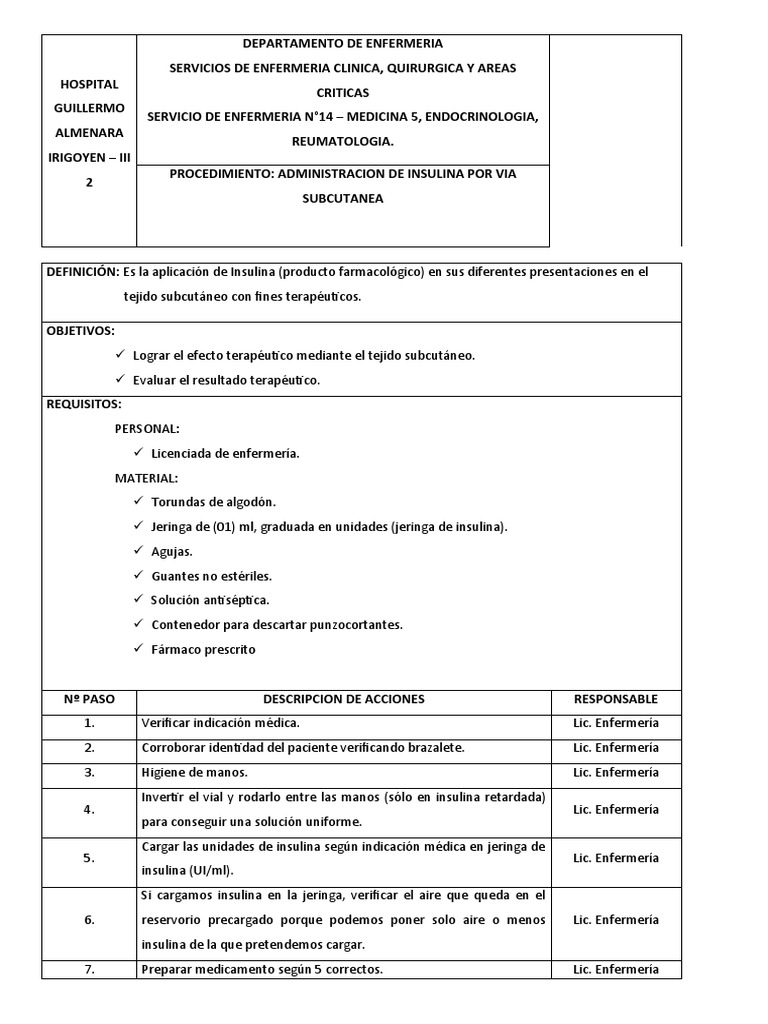 Procedimiento de Enfermeria Administracion Insulina Por Via Subcutanea ...