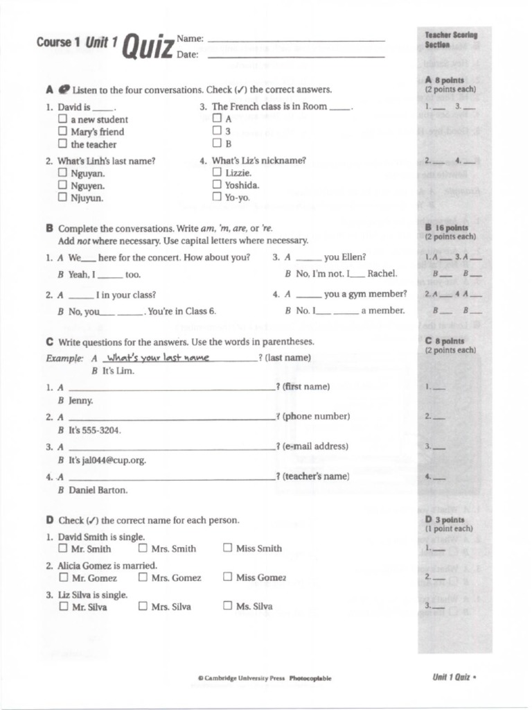 Touchstone 1 Unit 01 Quiz 01 | PDF