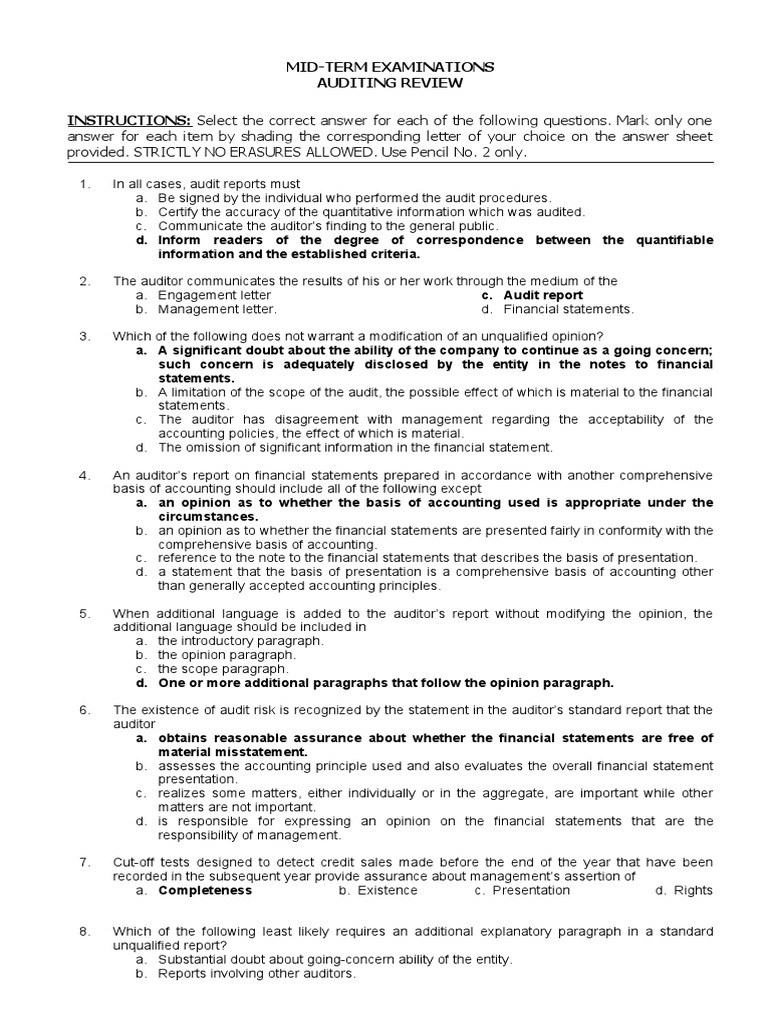 Midterm Examination - AUDITING REVIEW | PDF | Financial Audit | Auditor's Report