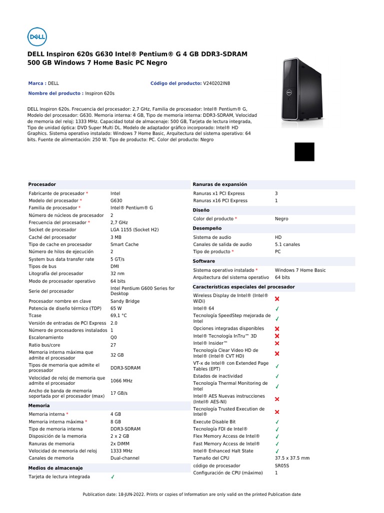 DELL Inspiron 620s G630 | PDF | Microprocesador | Monitor de computadora