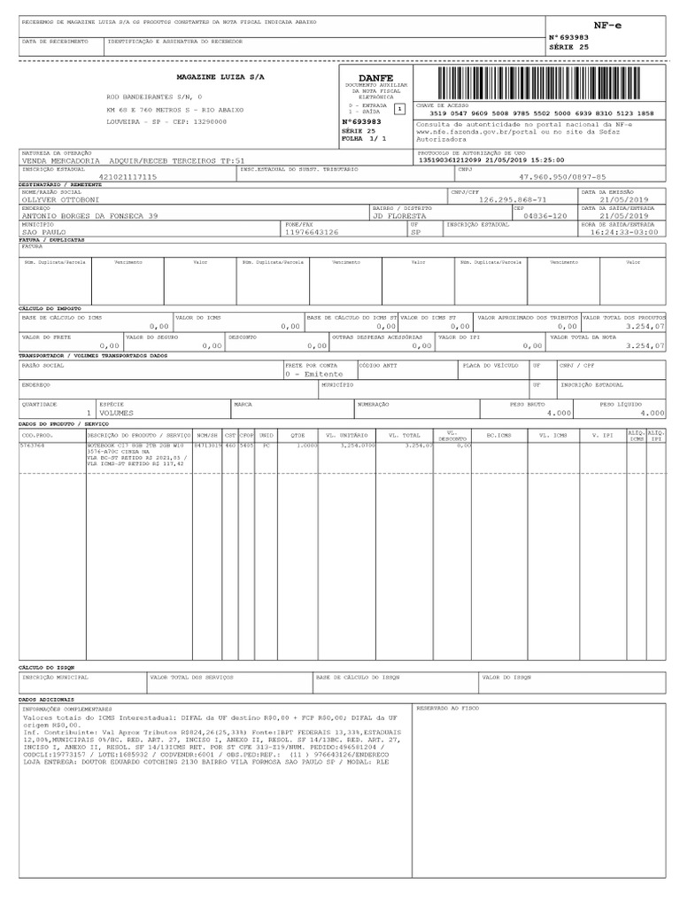 Nota Fiscal Notebook Dellaa | PDF