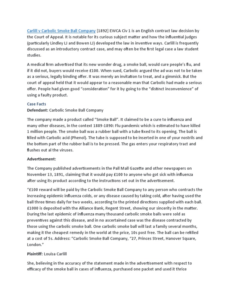 Carlill v Carbolic Smoke Ball Case Summary | PDF