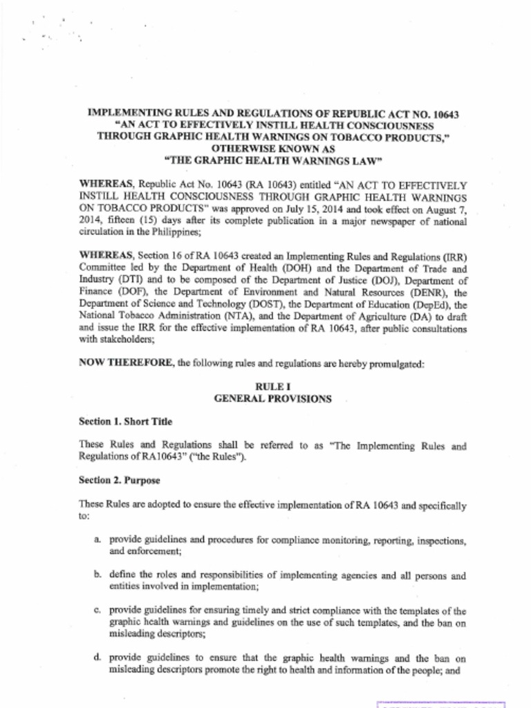 IRR of R.A. 10643 (The Graphic Health Warnings Law) | PDF