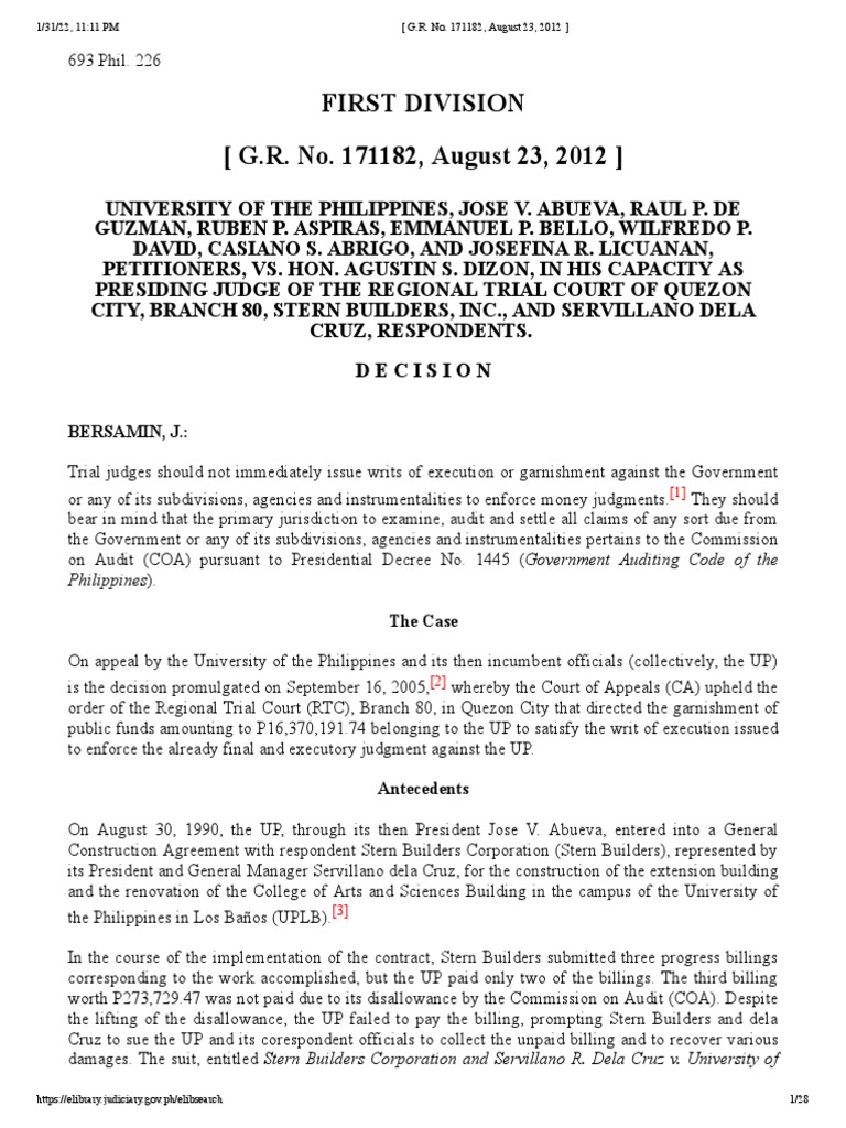 UP v. Dizon, G.R. No. 171182, August 23, 2012 | PDF | Lawsuit | Judgment (Law)