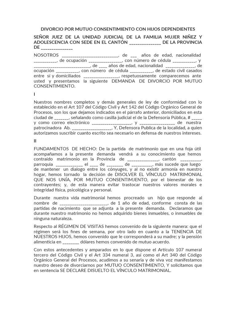 Divorcio Por Mutuo Consentimiento Con Hijos Dependientes | PDF ...