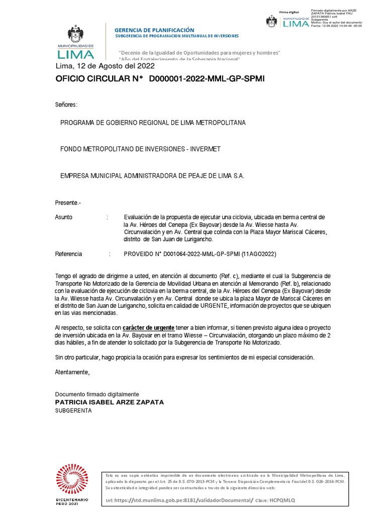 Oficio Circular-000001-2022-Gp-Spmi | PDF | Lima