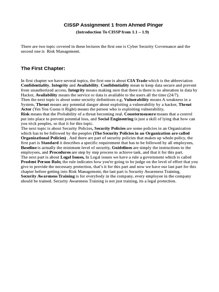 Ahmed - Pinger CISSP Assignment 1 IEC - ODF | Download Free PDF | Information Security | Risk