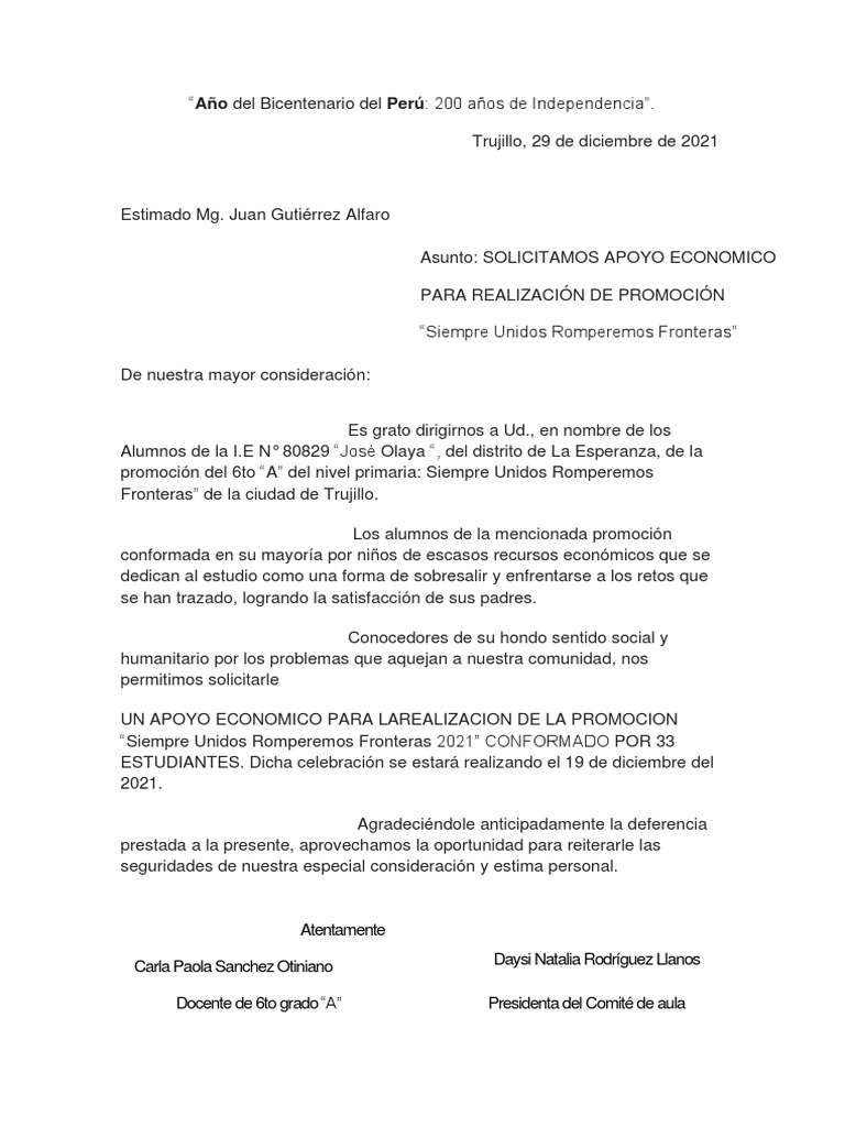 Oficio para Solicitar Apoyo Economico para Realizacion de Promocion 2021. | PDF