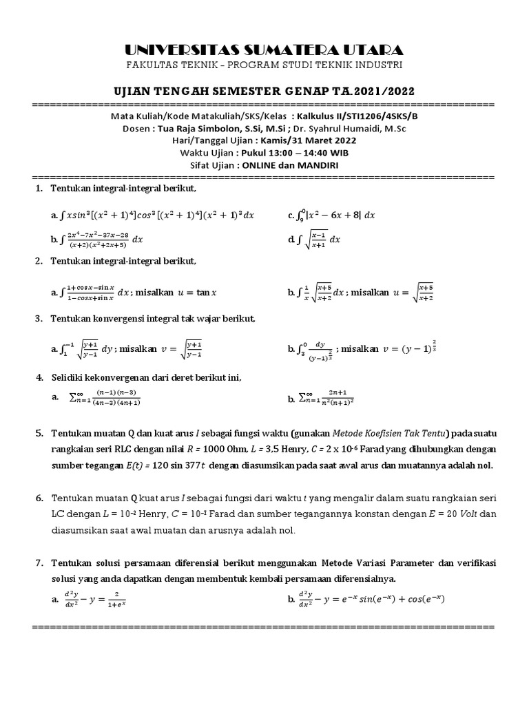 Naskah Soal UTS Kalkulus II Sem - Genap TA. 2021-2022 - Teknik Industri - Kelas - B | PDF