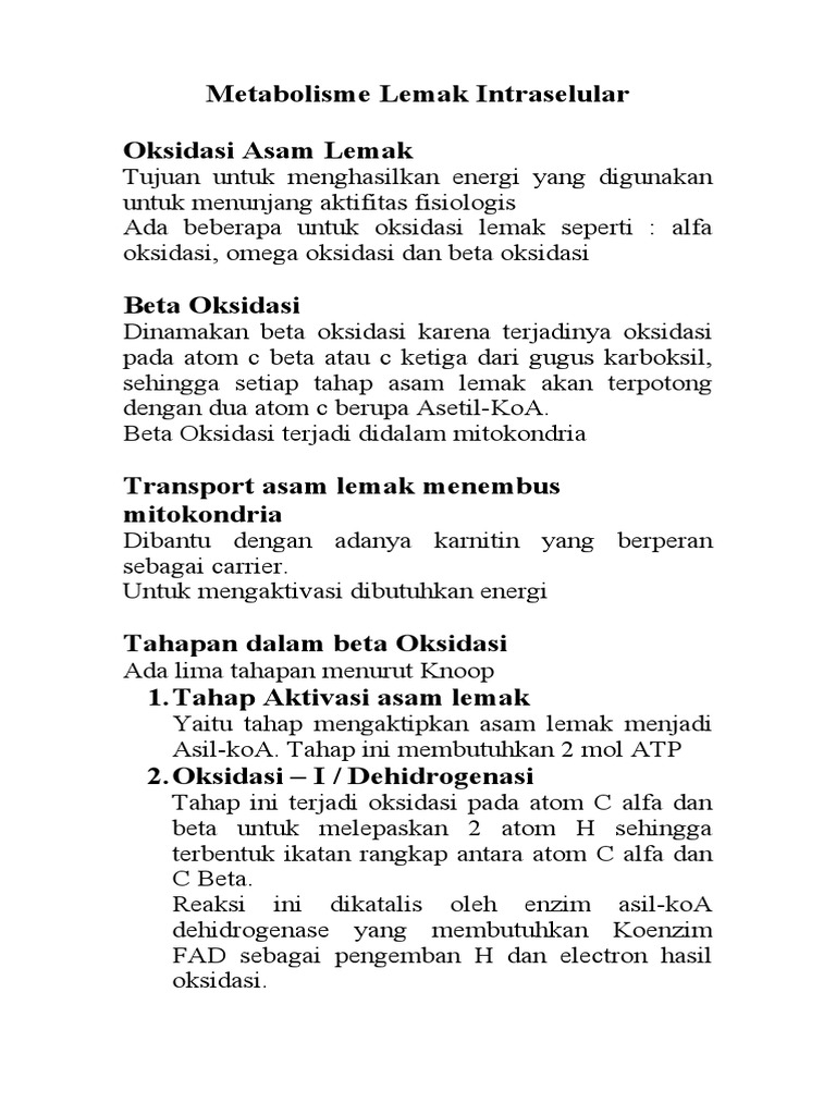 Metabolisme Lemak Intraseluler: Oksidasi, Transport, dan Biosintesis | PDF