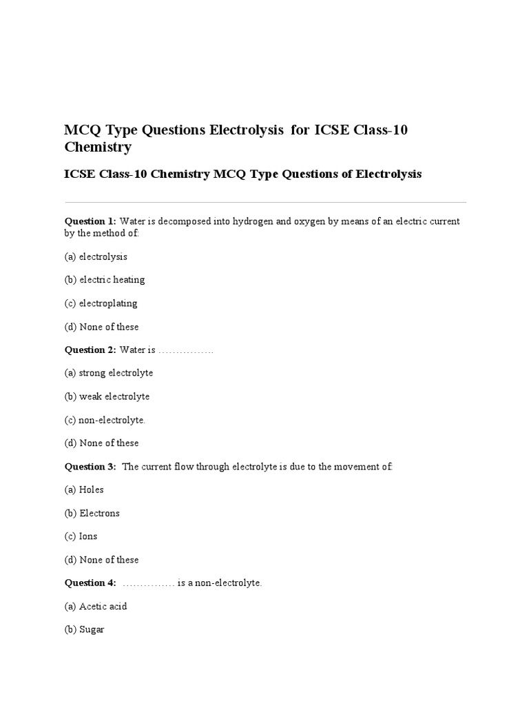 ICSE MCQ Type Questions Electrolysis | PDF | Electrolyte | Anode