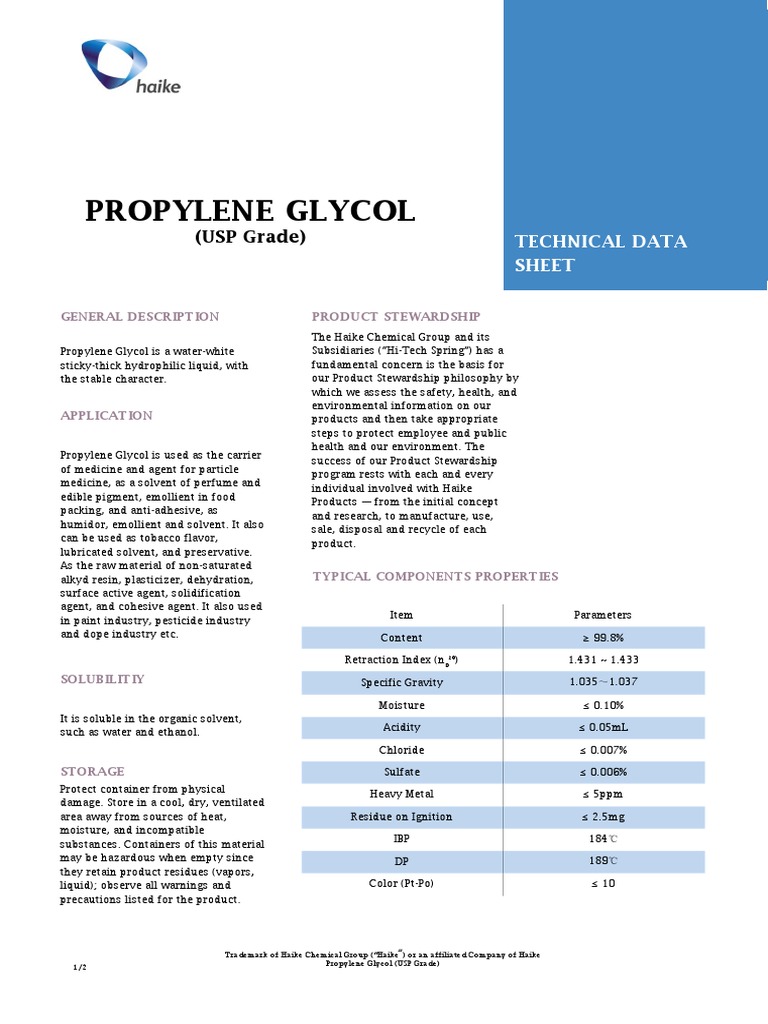 Propilenglicol Usp Hi Tech - Tds | PDF | Water | Solubility