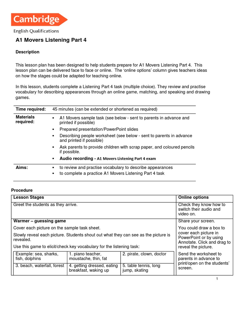 (Online Teaching) A1 Movers Listening Part 4 | PDF | Vocabulary ...