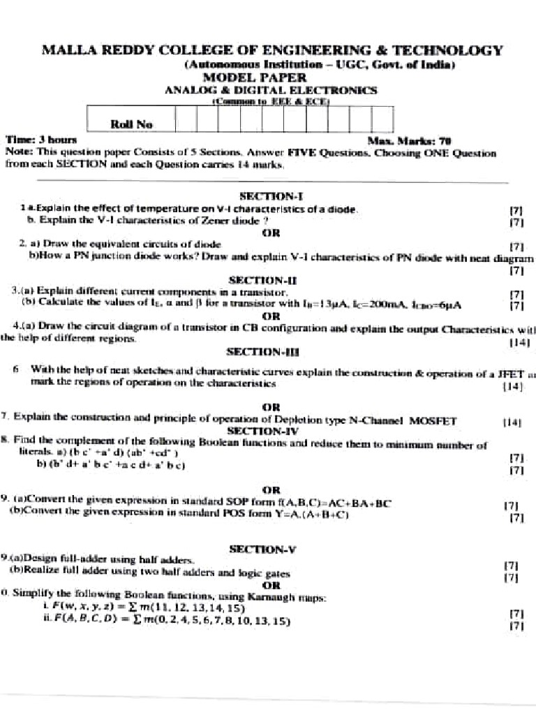 Analysis of Analog and Digital Electronics Model Paper for Malla Reddy ...