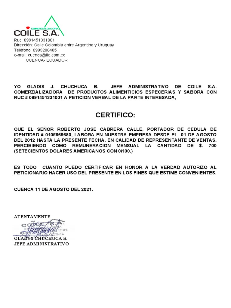 Cretificado de Trabajo de Coile S.A | PDF