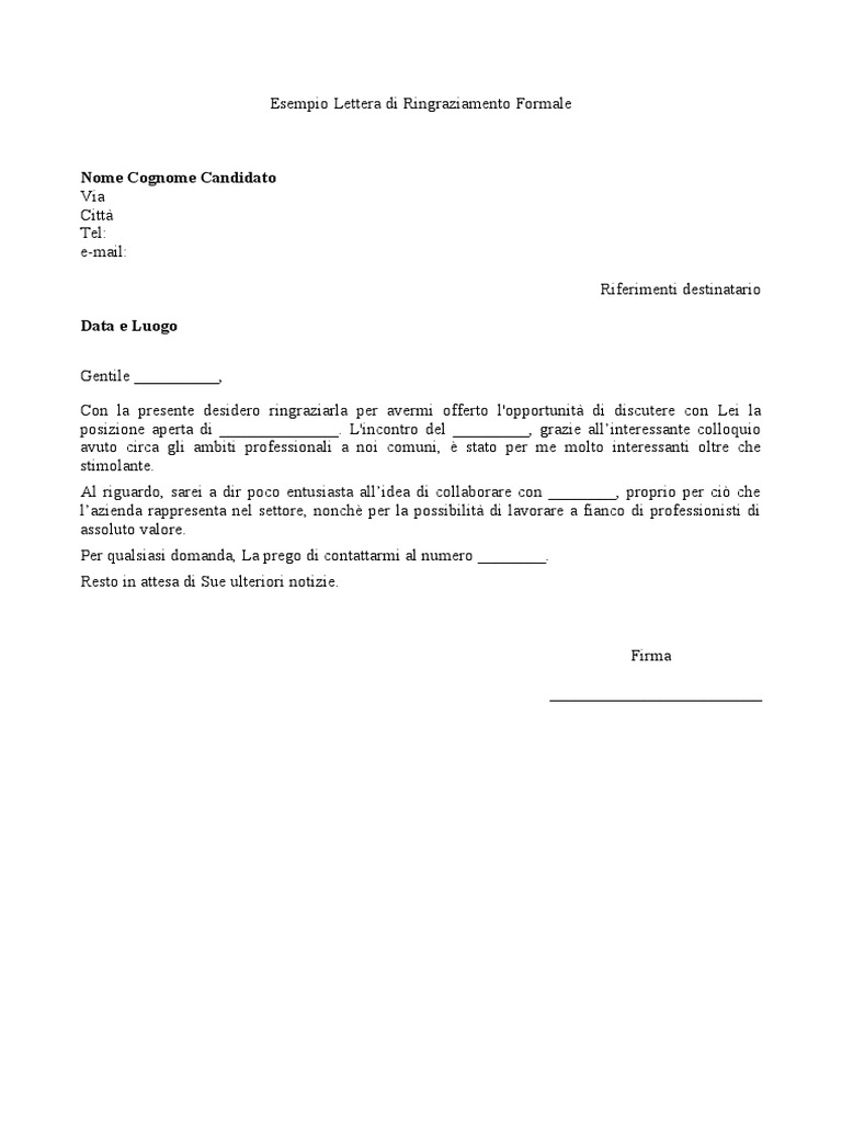 Esempio Lettera Di Ringraziamento Formale | PDF