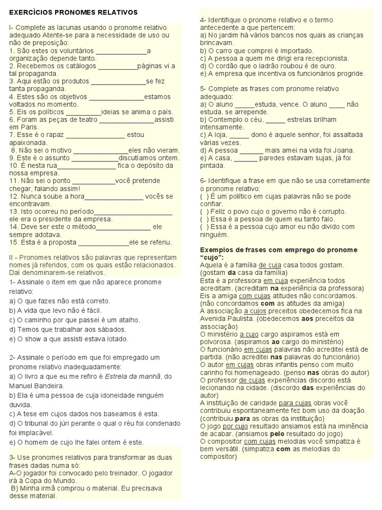 Exercìcios Pronomes Relativos - Sem Gabarito | PDF | Pronome