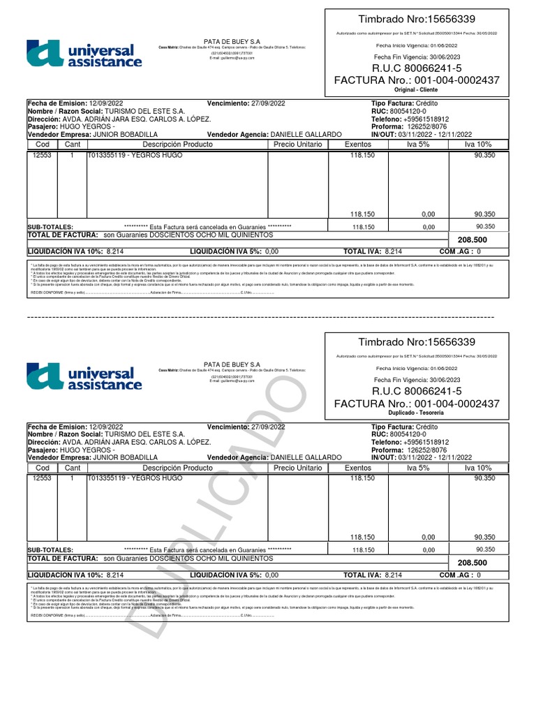 Factura Turismo Del Este Sa N°2437 | PDF | Factura | Contabilidad