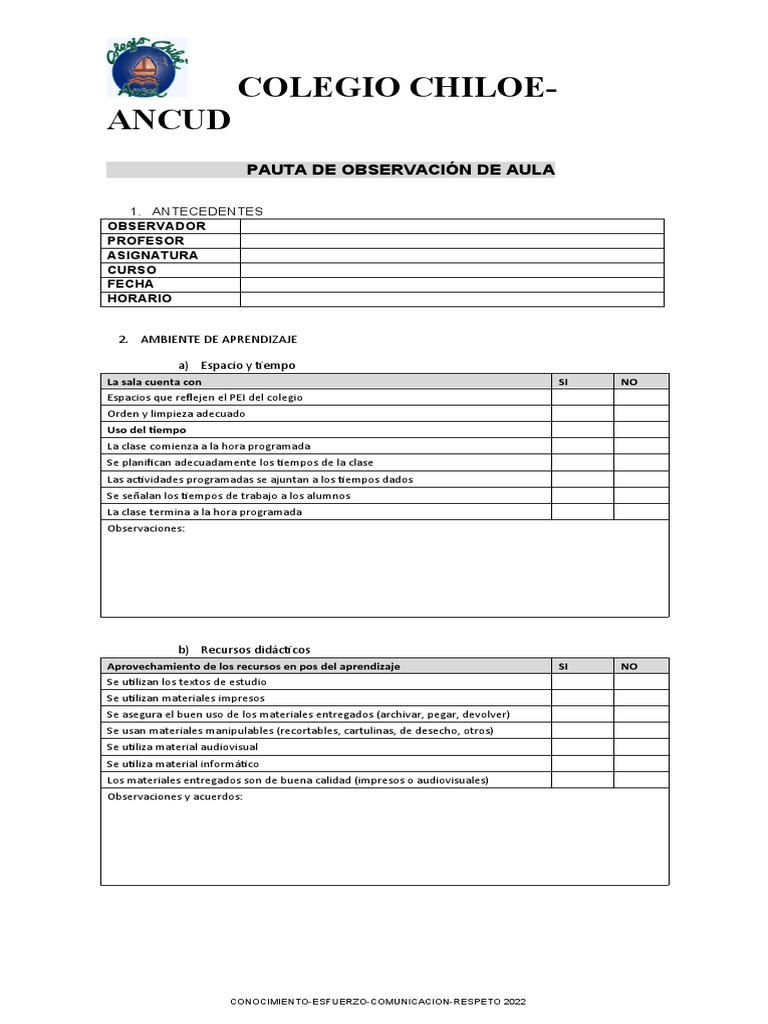 Pauta Observacion de Clases | PDF | Salón de clases | Aprendizaje
