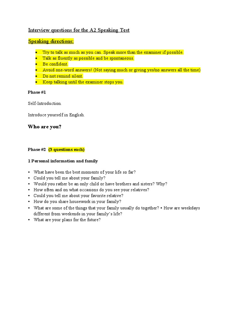 A2 Speaking Test Interview Questions | PDF | Communication | Cognition