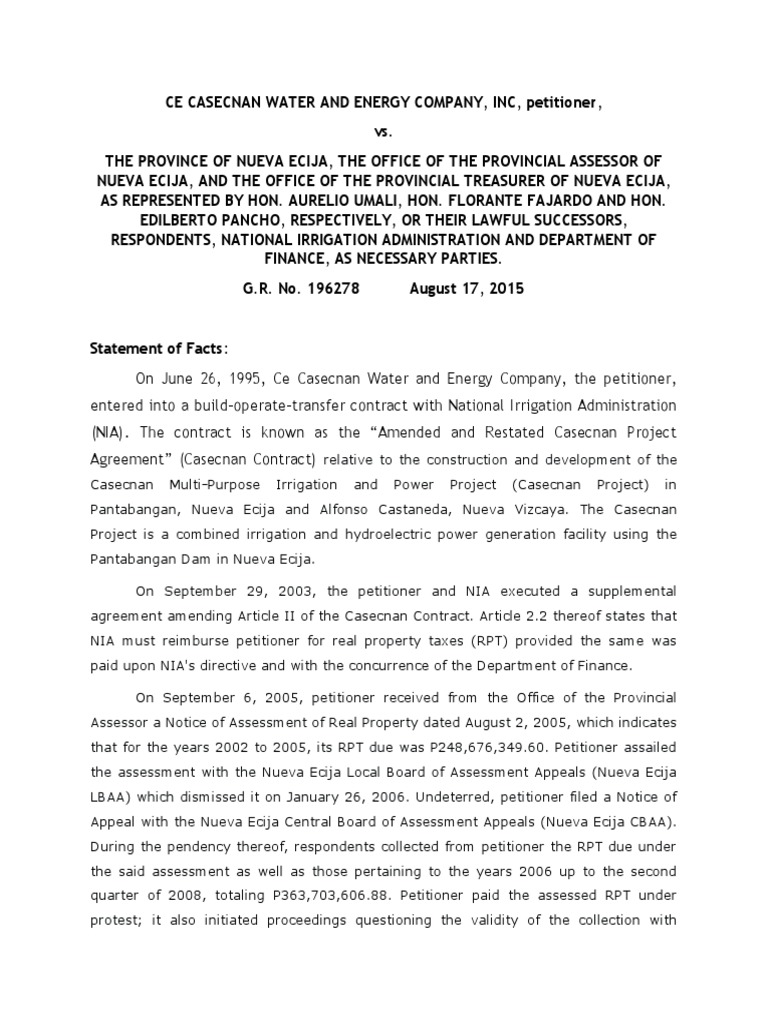 CE Casecnan Water and Energy Company Vs Province of Nueva Ecija, 2015 ...