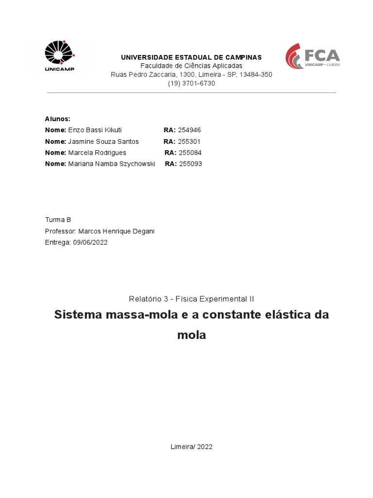 Relatório 3 - Massa e Mola -Fis. Exp. 2 - Documentos Google | PDF ...