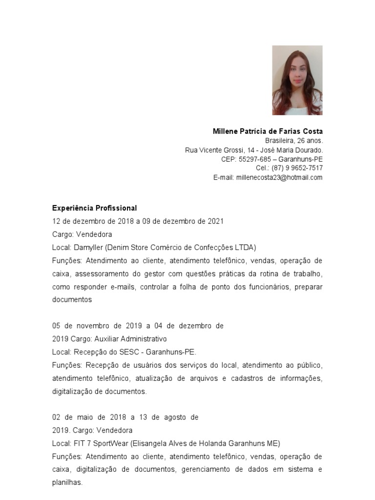 Currículo de Millene Patrícia Costa | PDF