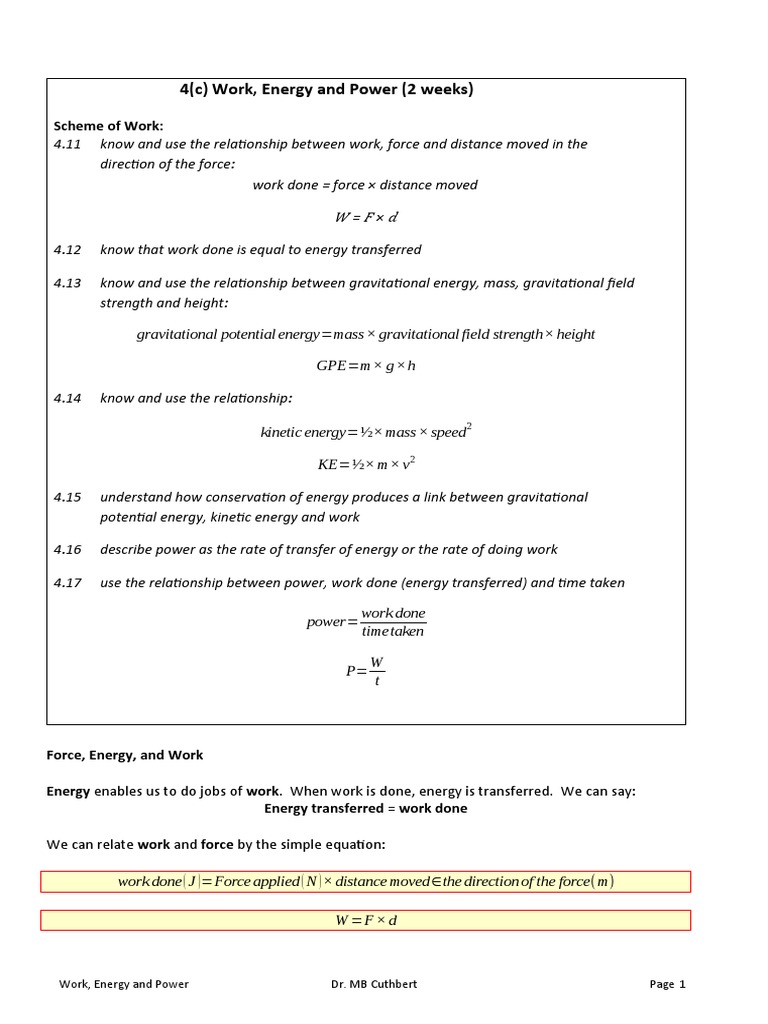 IGCSE Work Energy and Power | PDF | Force | Potential Energy