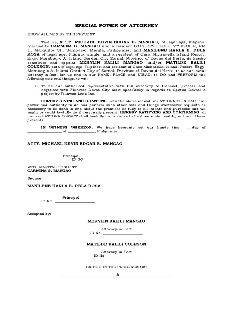 Spa FILINVEST | PDF | Power Of Attorney | Civil Law (Legal System)