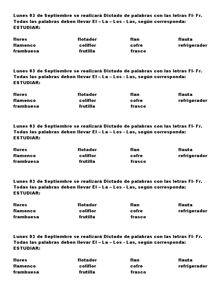 Dictado Palabras FL - FR | PDF