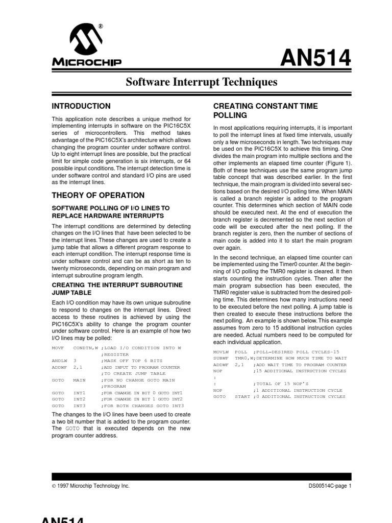 Software Interrupt Techniques Instruction Set Pic Microcontroller