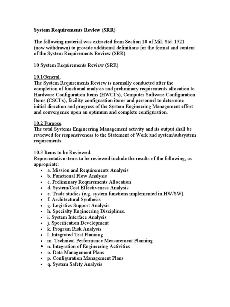 System Requirements Review (SRR) | PDF | System | Systems Engineering