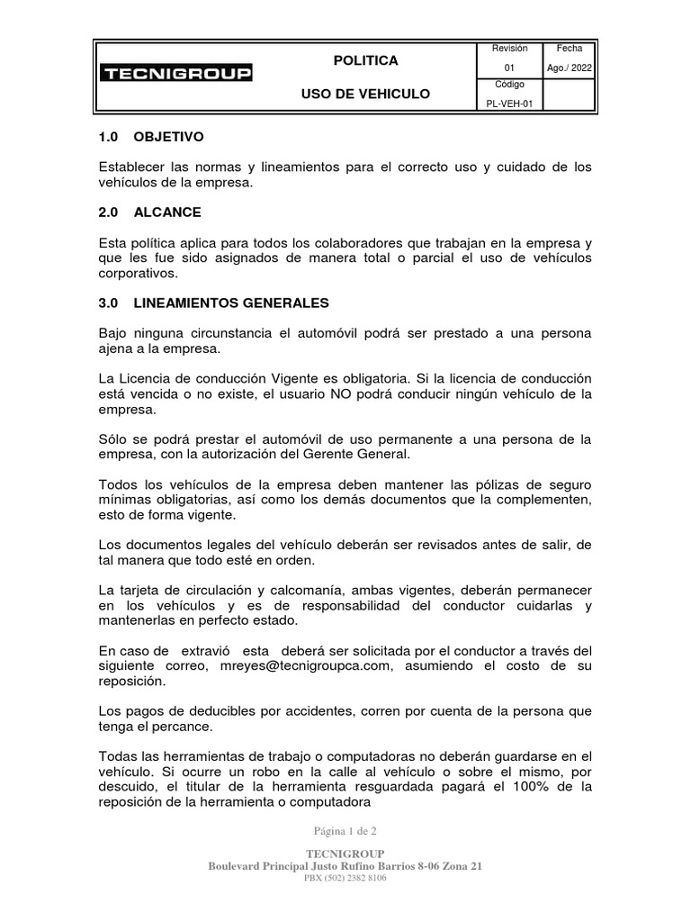 PL-VEH-01 Uso de Vehiculo | PDF | Business | Licencia de conducir