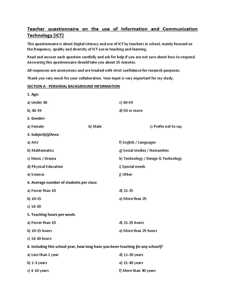 3 Teacher Questionnaire On The Use of ICT | PDF | Educational ...