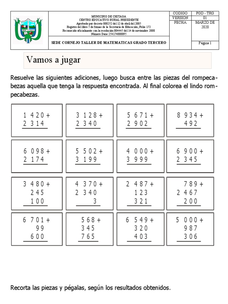 Taller de Matemáticas para Tercer Grado | PDF