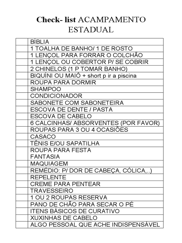 Check List Acampamento 2022 | PDF
