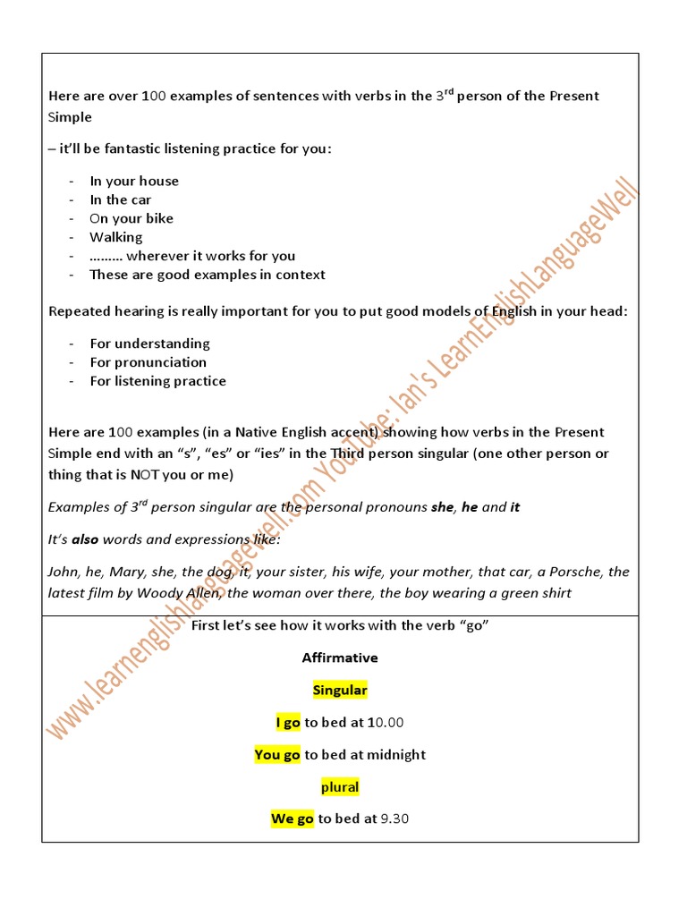 Third Person Singular Verb Examples | PDF | Grammatical Number ...