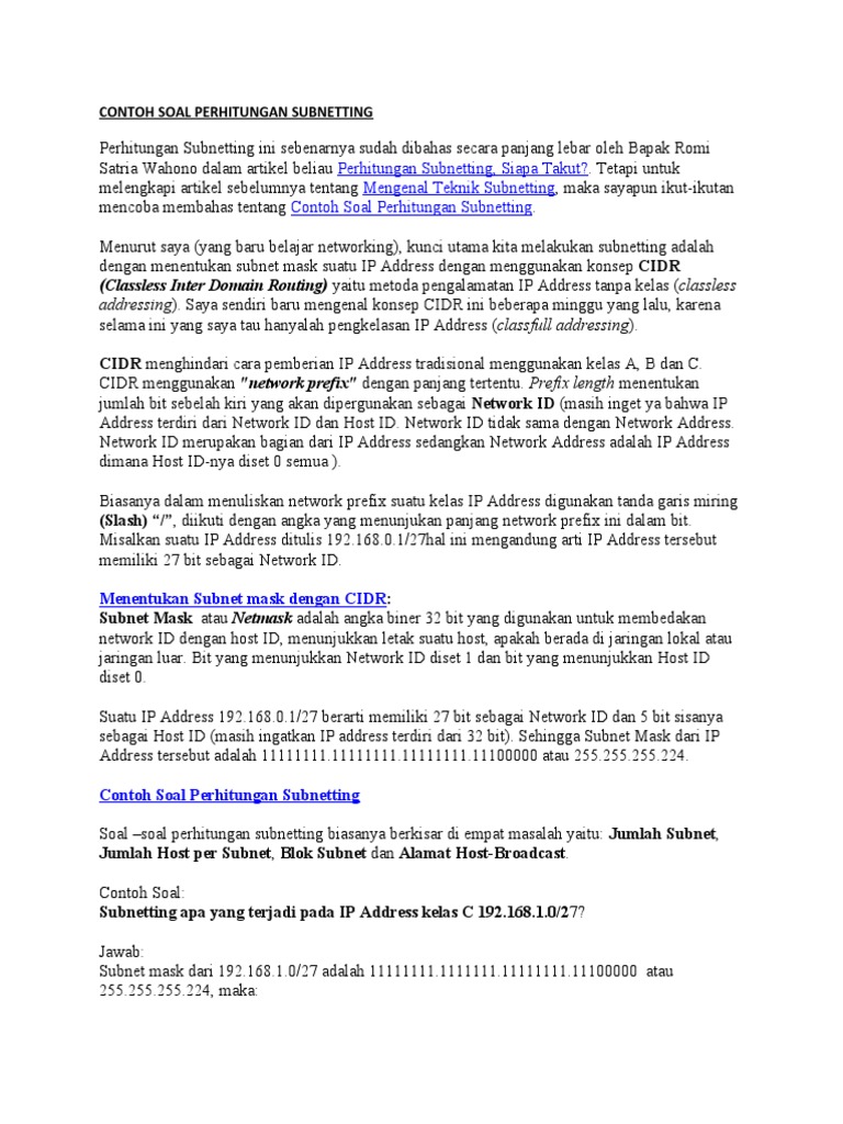 Contoh Soal Perhitungan Subnetting - 1 | PDF