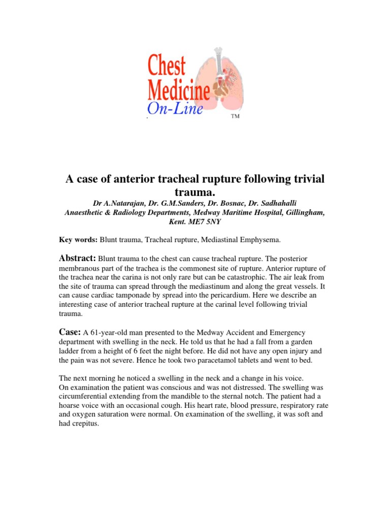 A Case of Anterior Tracheal Rupture Following Trivial Trauma | PDF ...