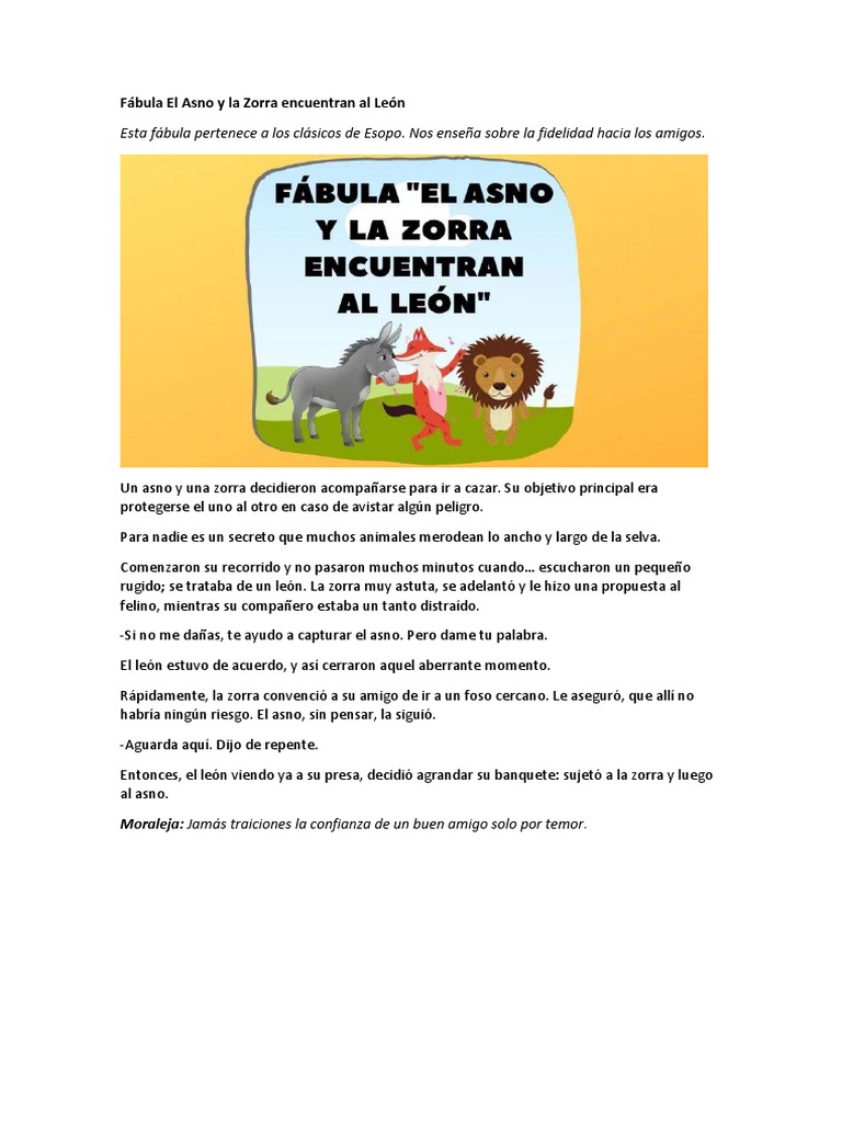 El Asno y La Zorra Encuentran Al León Fabula | PDF