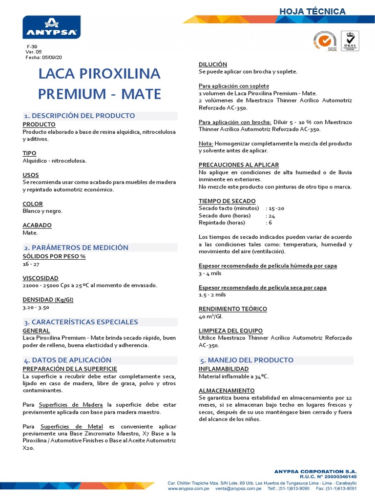 Laca Piroxilina Premium - Mate | PDF | Materiales | Química