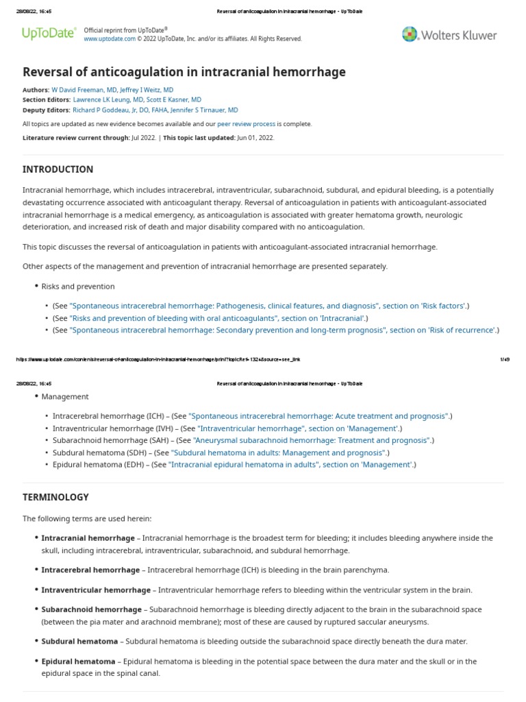 Reversal of Anticoagulation in Intracranial Hemorrhage - UpToDate | PDF ...