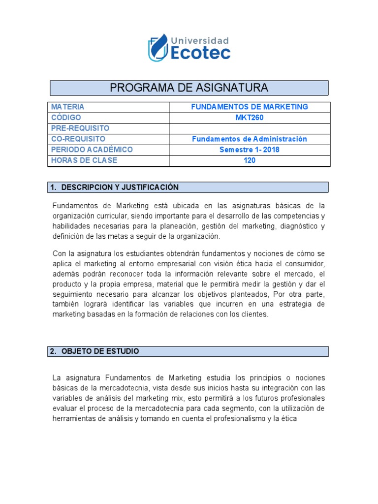 Programa de Asignatura Fund. de MKT | PDF | Marketing | Business