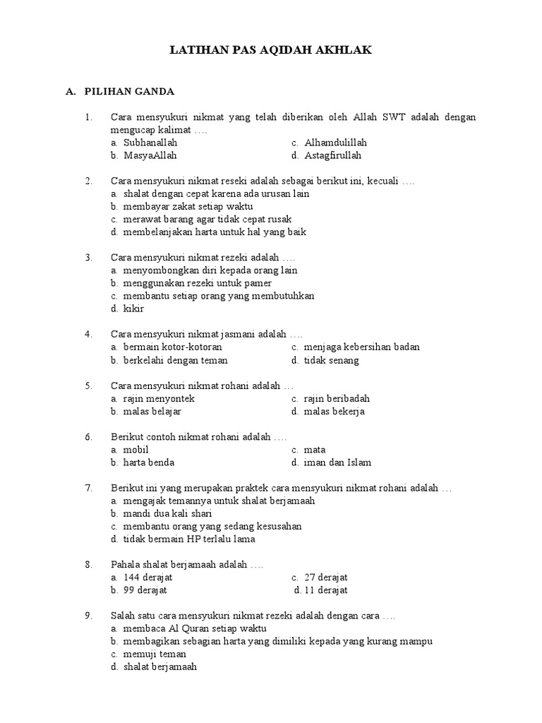LATIHAN PAS 1 Akidah Akhlak - 1 | PDF