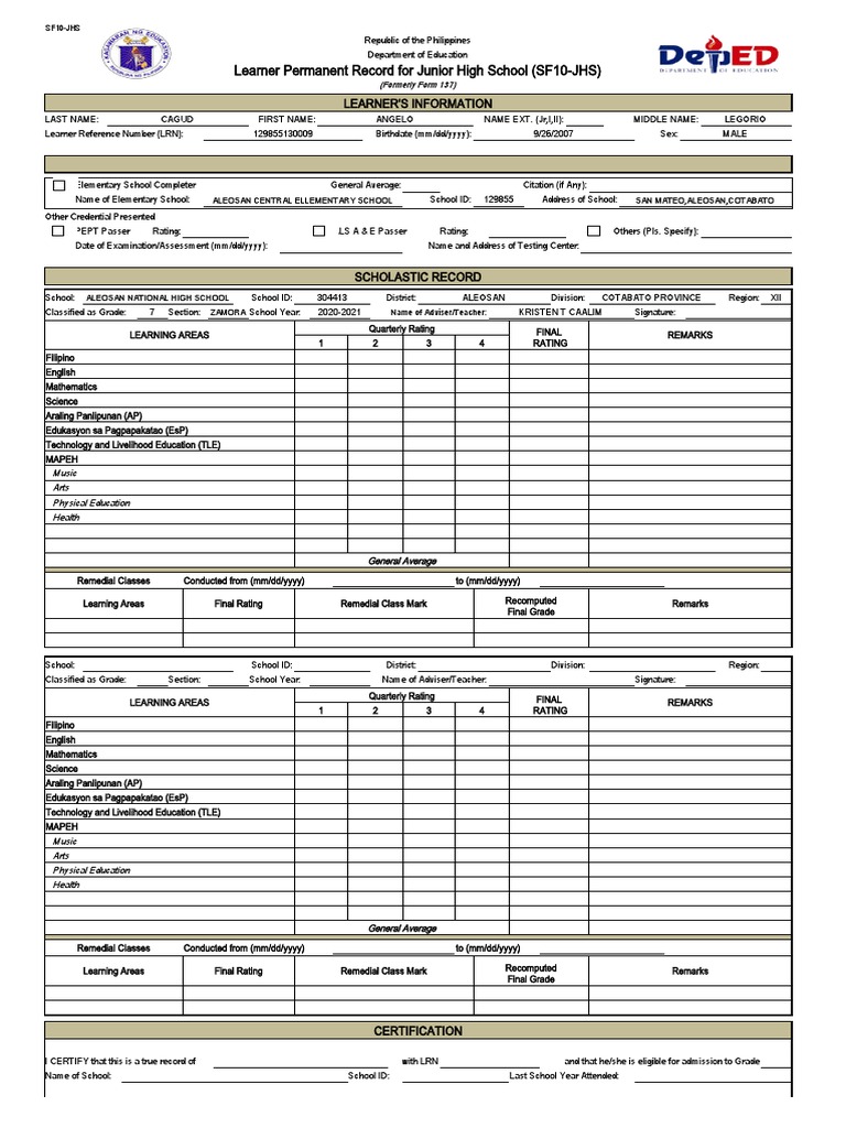 School Form 10 SF10 Final | PDF