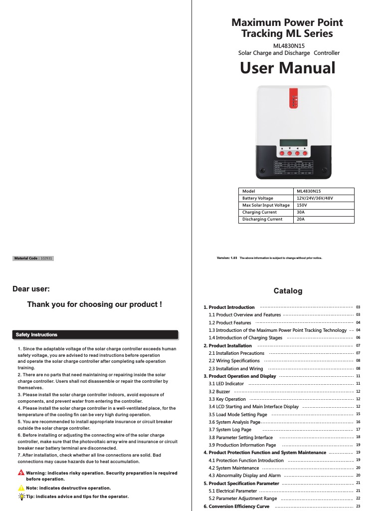 MPPT Solar Charge Controller ML4830N15 Instructions | PDF ...