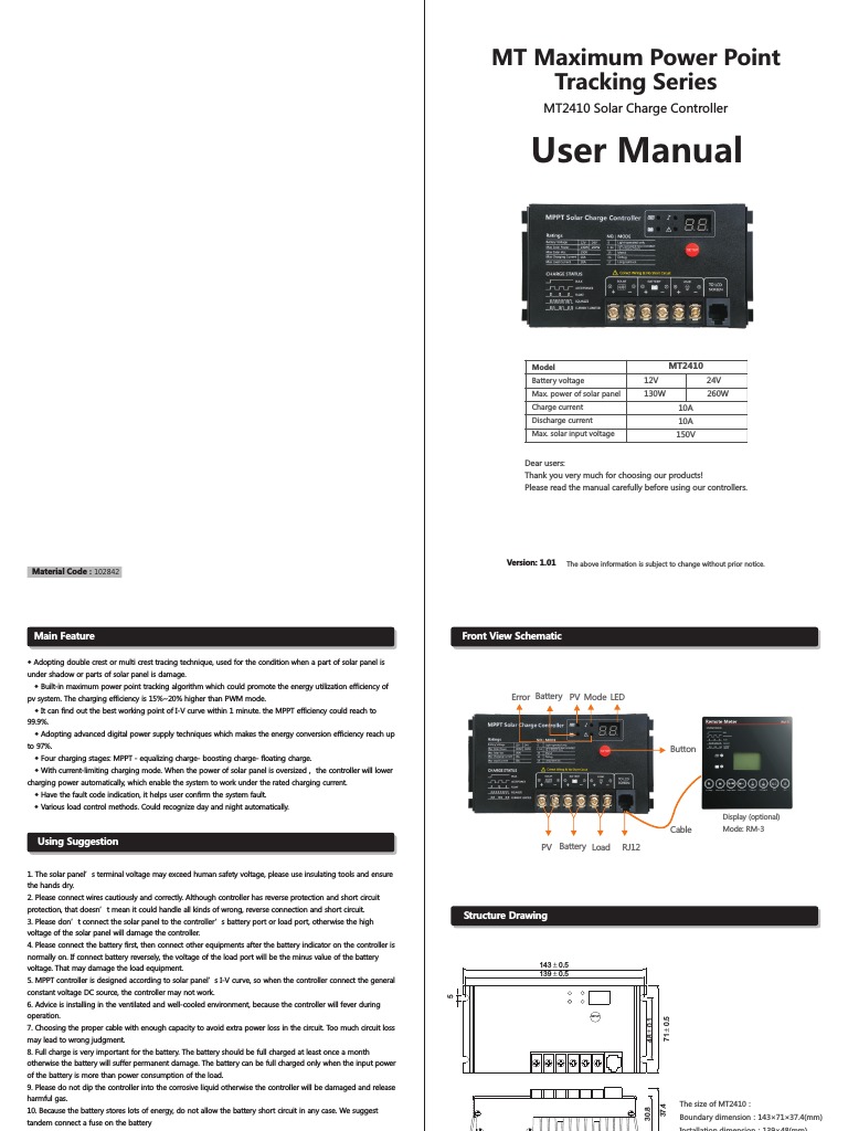 MT2410 Solar Charge Controller Manual | PDF | Solar Panel | Electrical ...