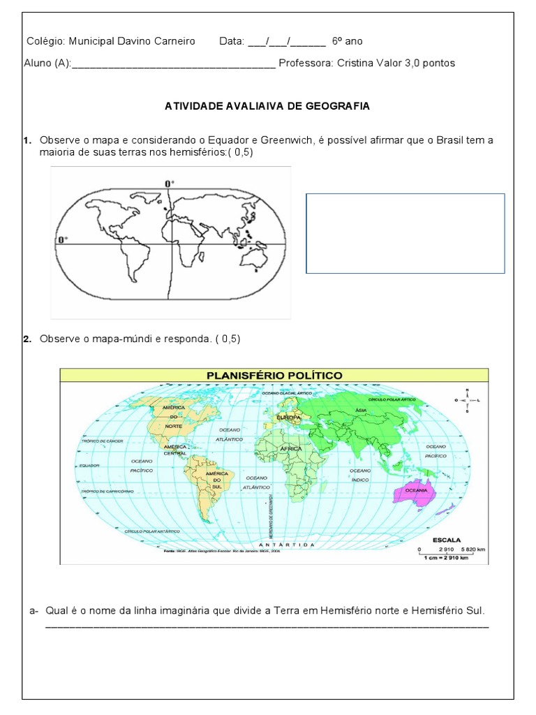 Atividade de Geografia: Hemisférios da Terra | PDF | Terra | Mapa