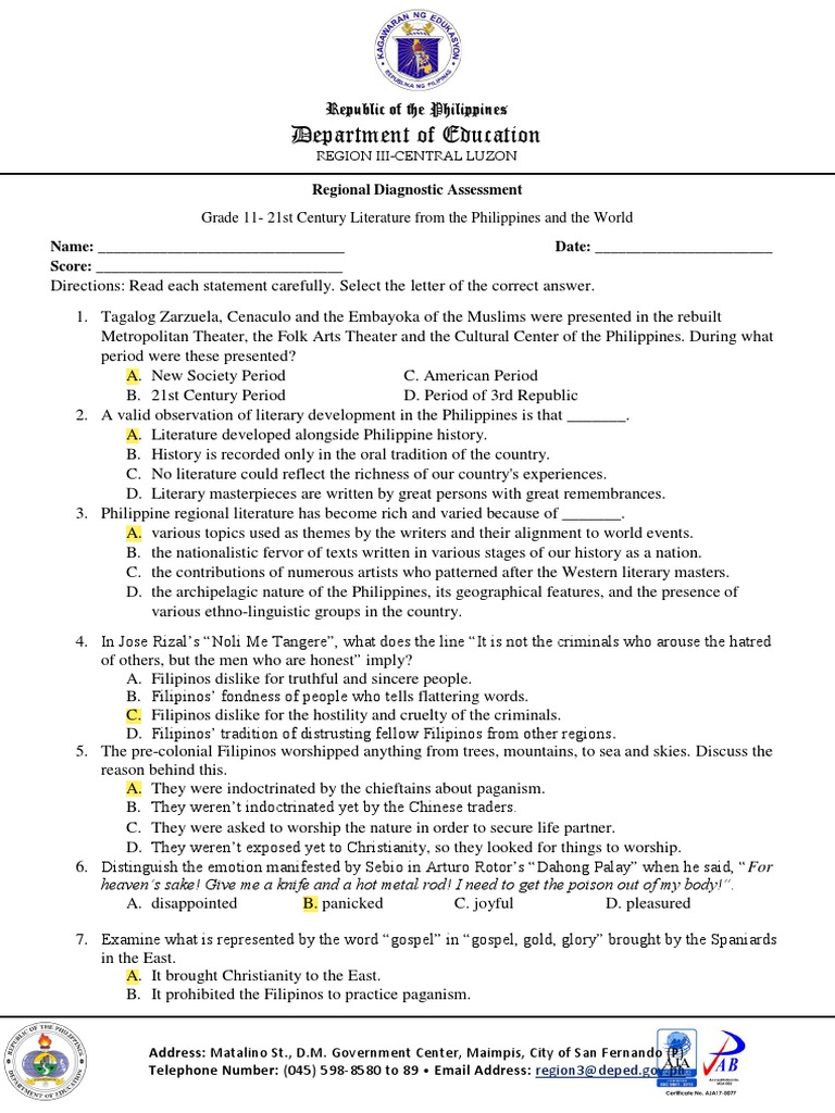 Grade 11 Regional Literature Assessment | PDF | Poetry | Narrative