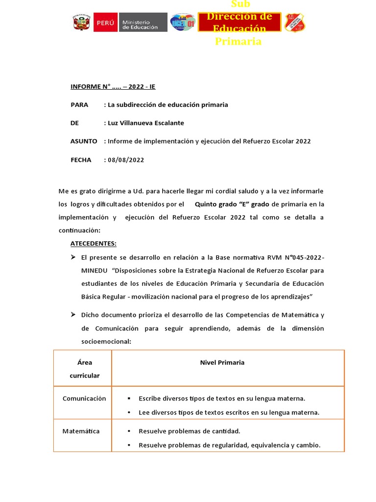 Informe D Refuerzo Escolar 5e | PDF | Educación primaria | Evaluación